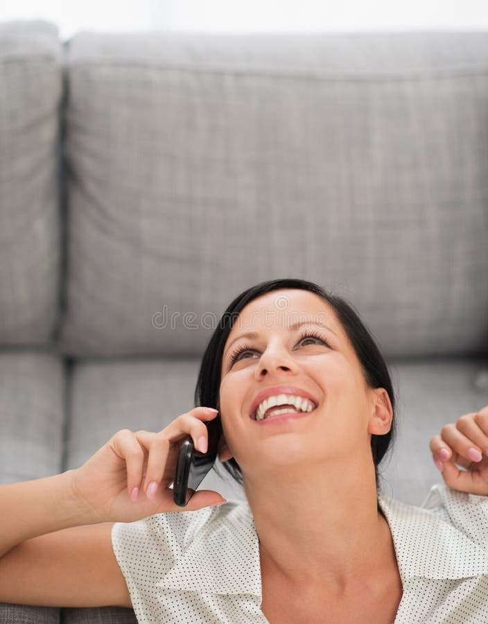 Happy Young Woman Speaking Mobile Phone Stock Image - Image of house ...