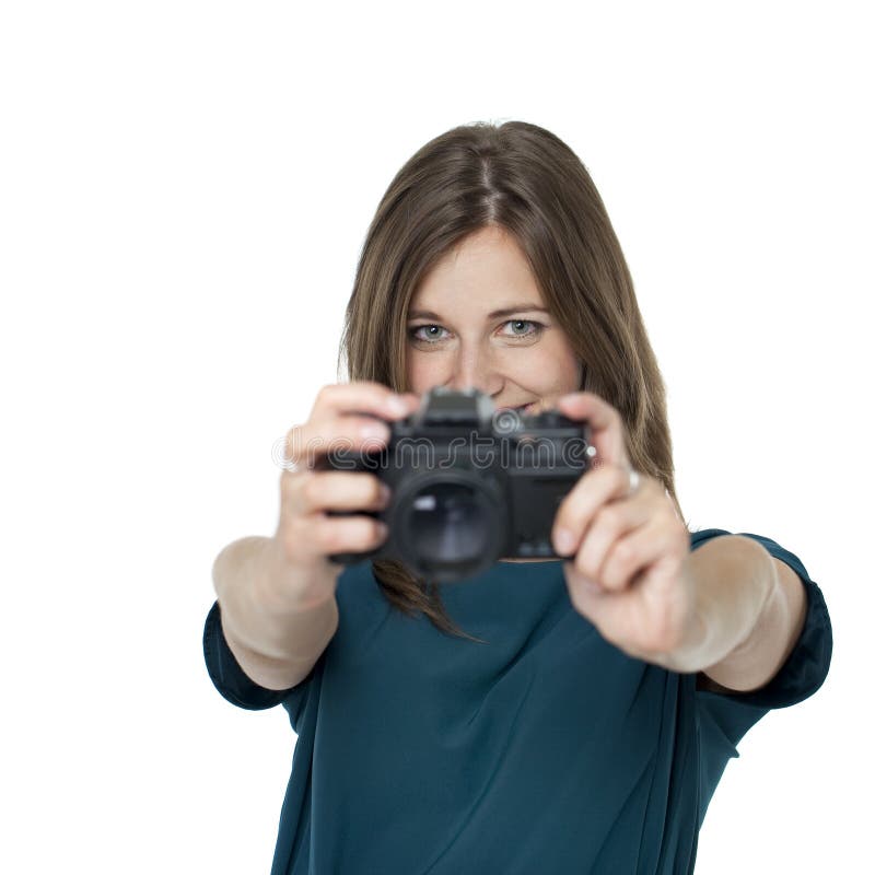 Happy Young Woman Using a Camera To Take Photo Stock Image - Image of ...