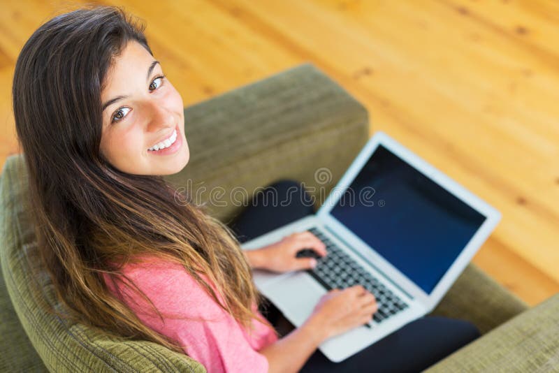 Beautiful Indian Woman Student Using Laptop Computer at Home Stock ...