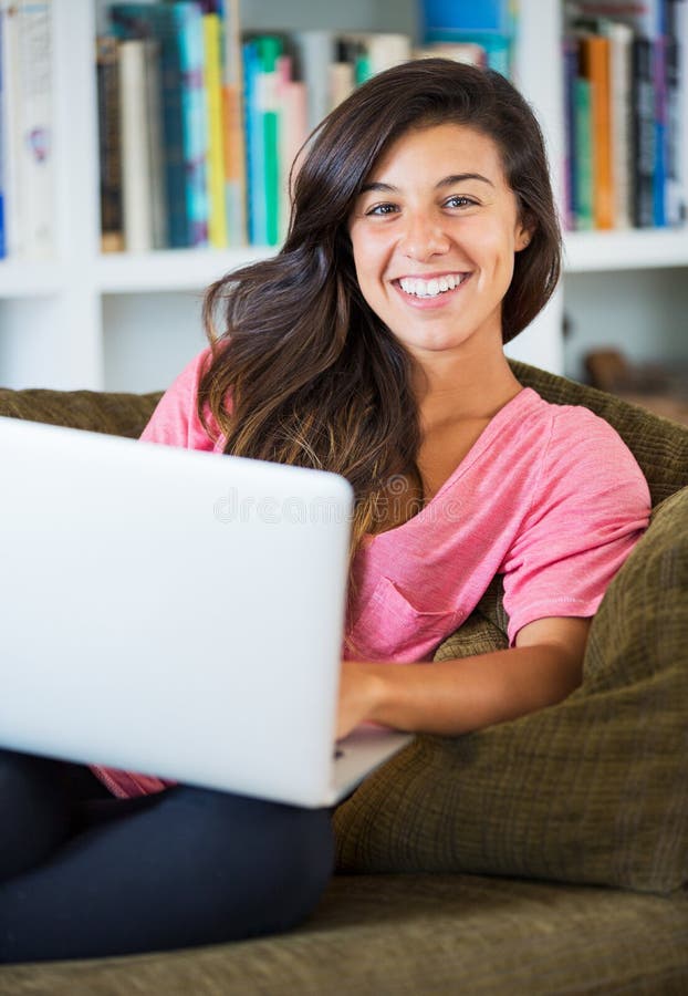 Young Woman Girl Using Laptop Drinking Coffee Stock Image - Image of ...