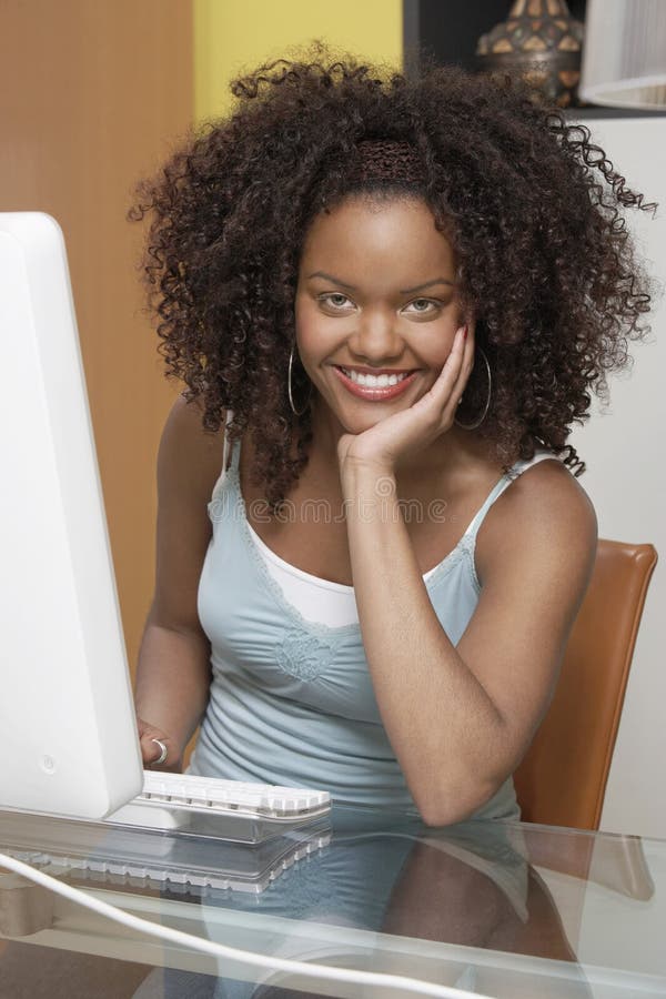 Happy Young Woman Working on Computer Stock Photo - Image of computer ...