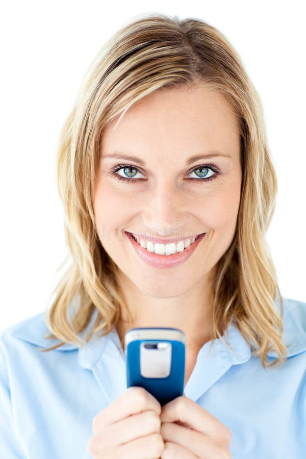 Happy Young Woman Writing a Message on Her Phone Stock Image - Image of ...