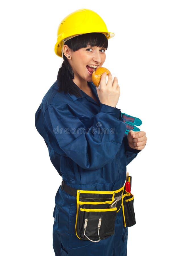 Happy Young Worker Woman With Sandwich Stock Photo - Image of beautiful ...
