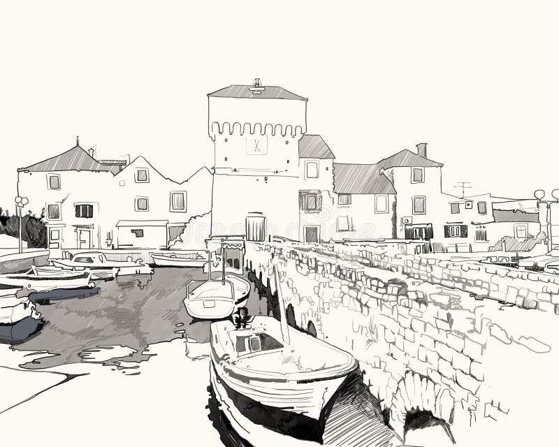 Harbor with boats stock illustration. Illustration of ocean - 32486463