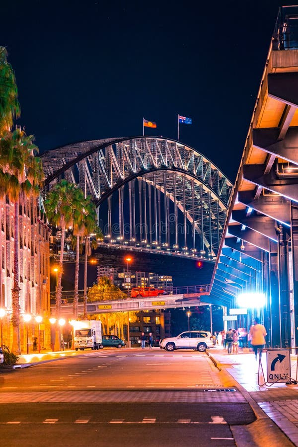 Harbor Bridge night editorial stock photo. Image of palm - 308854518