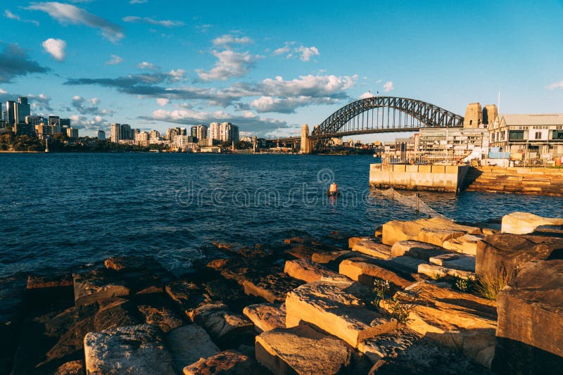 Harbor Bridge and Sydney Port Evening View Stock Image - Image of rock ...