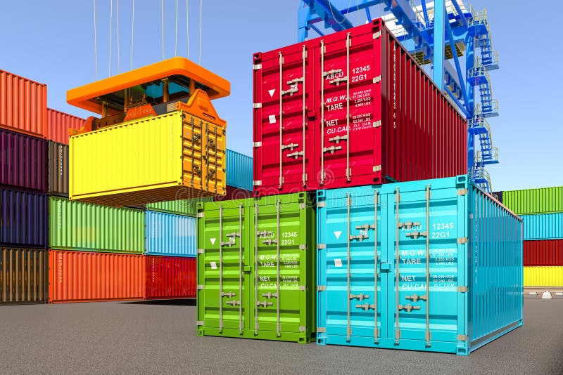 Harbor Cranes with Cargo Container in Container Terminal, 3D Rendering ...