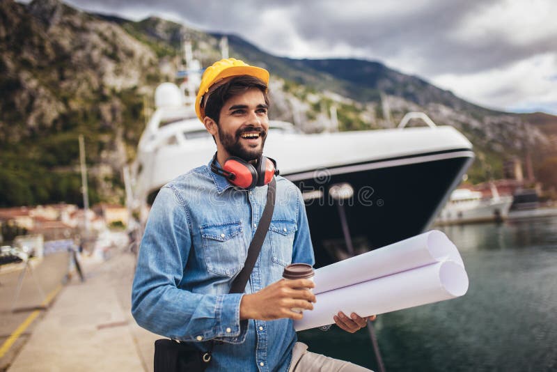 Harbor Engineer Holding the Paper, Construction Work Stock Photo ...