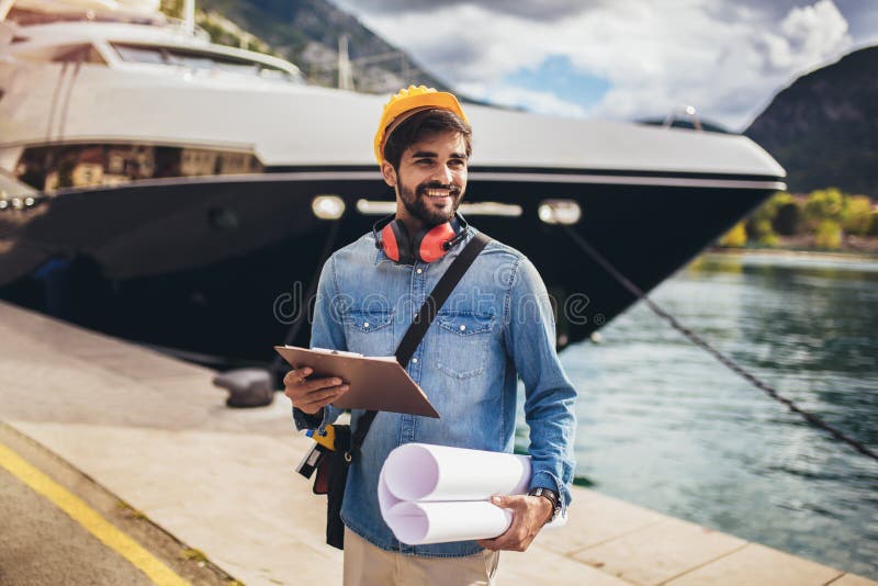Harbor Engineer Holding the Paper, Construction Work Stock Image ...