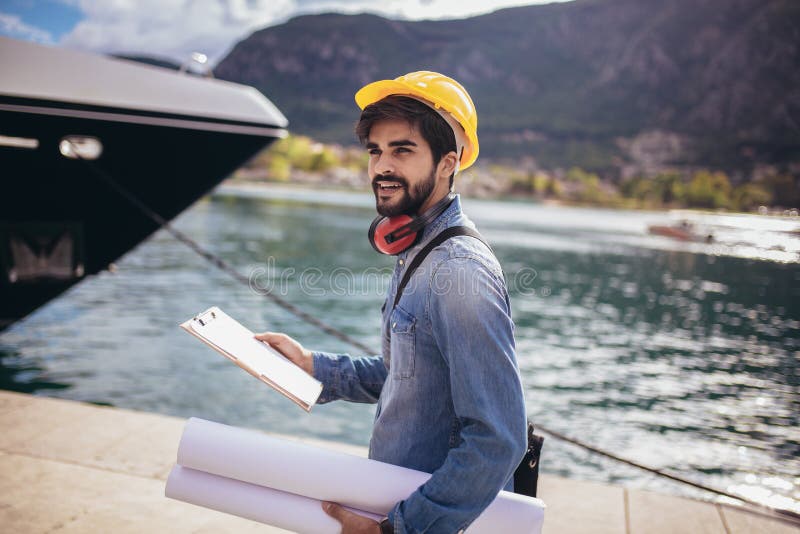 Harbor Engineer Holding the Paper, Construction Work Stock Photo ...