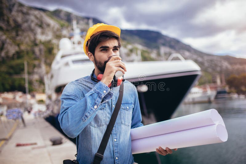 Harbor Engineer Holding the Paper, Construction Work Stock Image ...