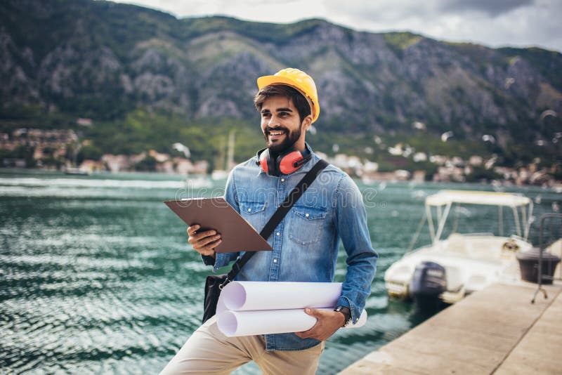 Harbor Engineer Holding the Paper, Construction Work Stock Photo ...