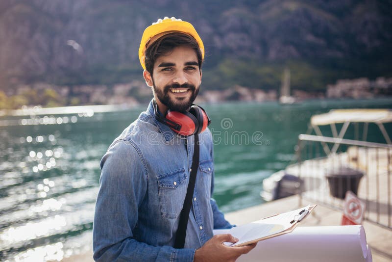Harbor Engineer Holding the Paper, Construction Work Stock Photo ...