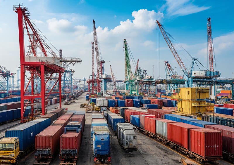 Harbor Scene with Multiple Large Cranes, Mainly Red and Green ...