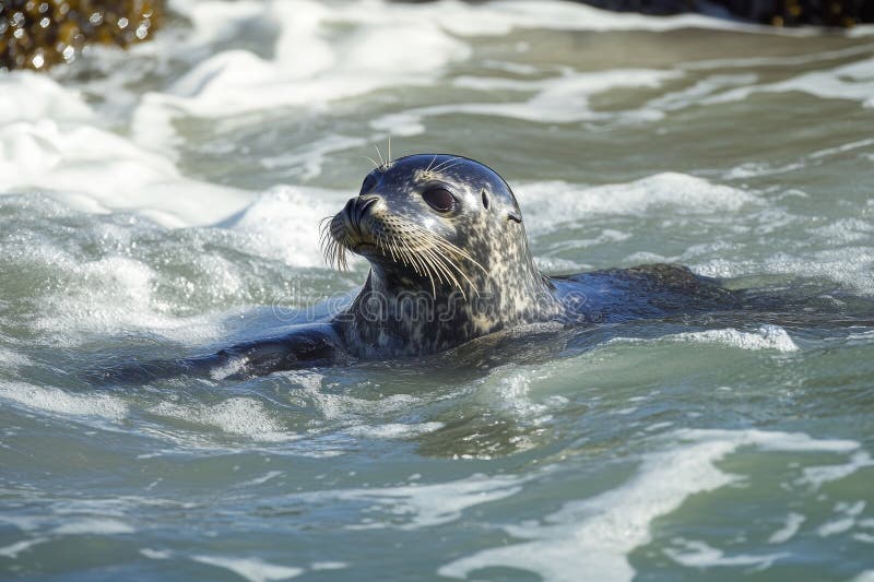 Harbor Seal Swimming in the Ocean with White Waves Stock Photo - Image ...