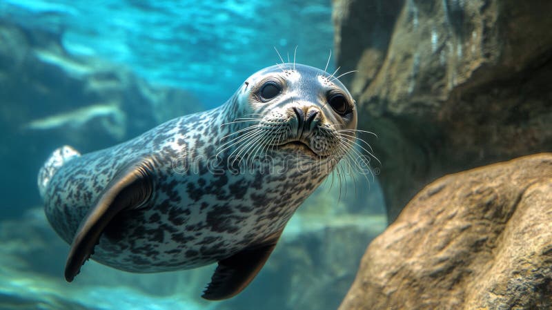 Harbor Seal Underwater Portrait Blue Water Background Stock ...