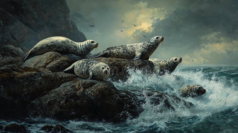 Harbor Seals on Rocks, Dramatic Ocean Waves Stock Illustration ...