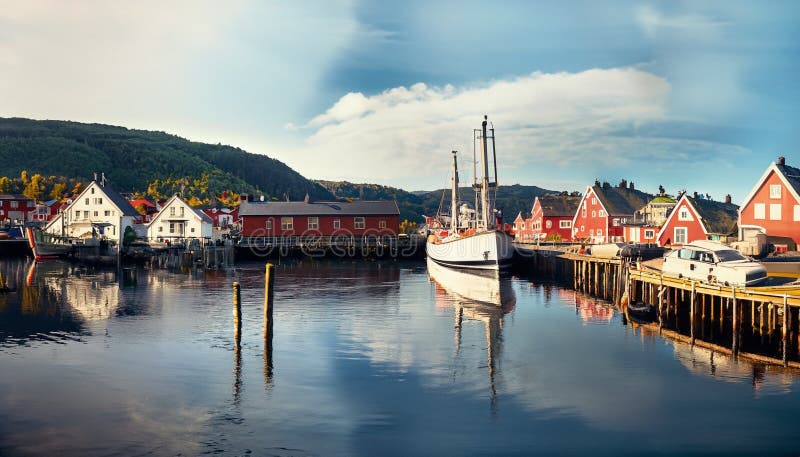 Harbor in a small town stock illustration. Illustration of view - 300580512