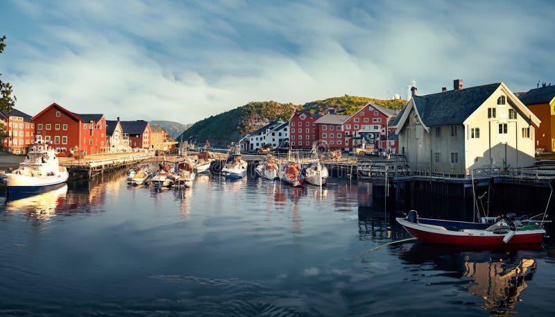 Harbor in a small town stock illustration. Illustration of cover ...