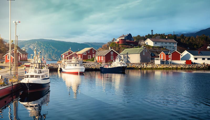 Harbor in a small town stock illustration. Illustration of reflection ...