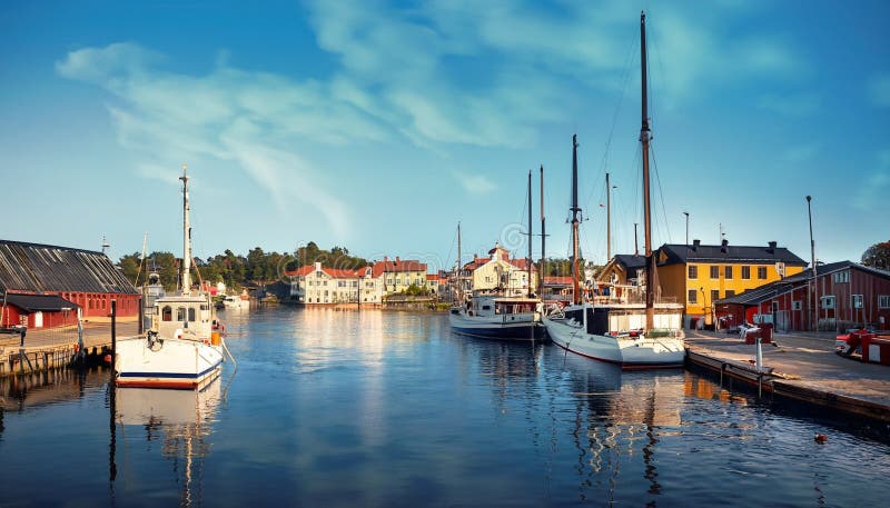 Harbor in a small town stock illustration. Illustration of waterway ...