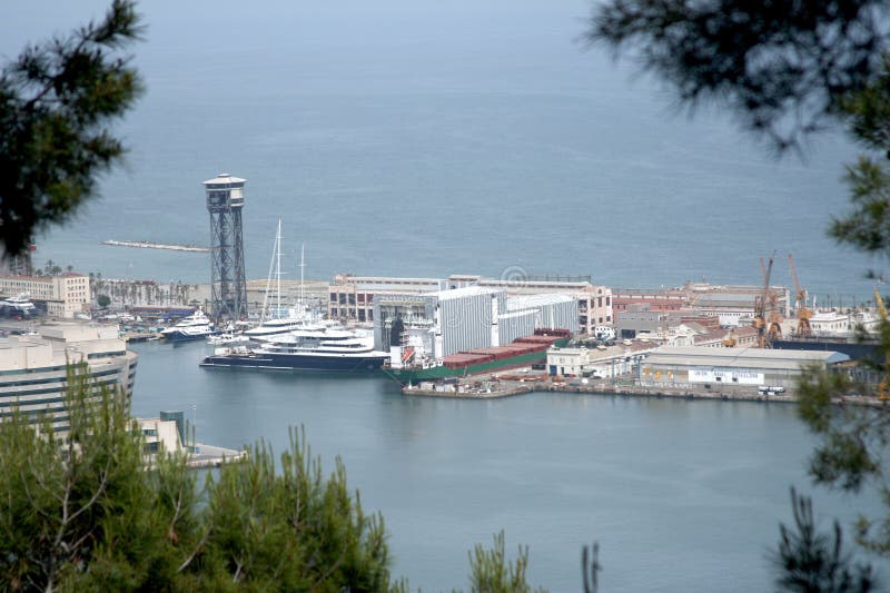 Harbor with Various Vessels and Industrial Structures. Elevated View ...