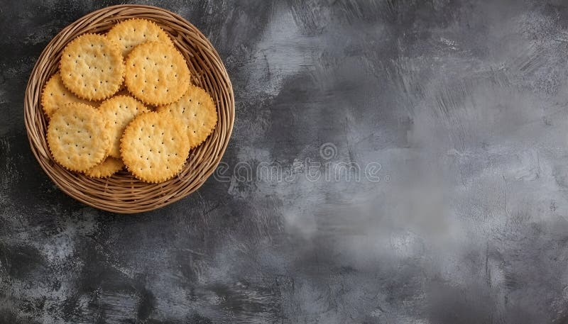 Hard Chuck Crackers in Wicker Basket on Grey Table, Top View Stock ...