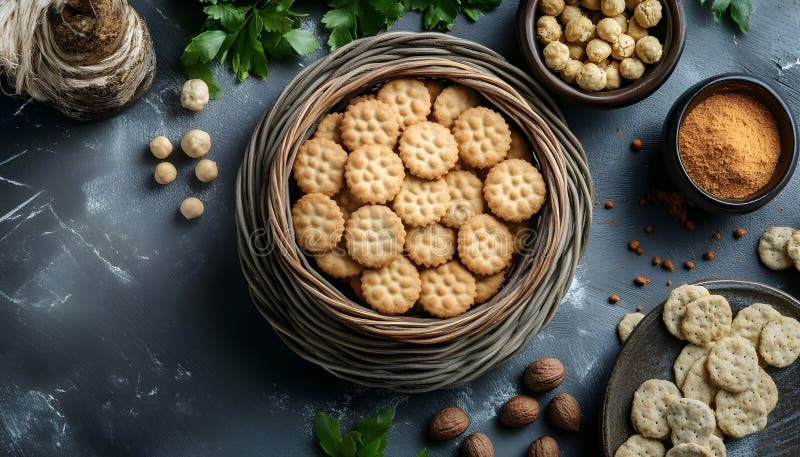 Hard Chuck Crackers in Wicker Basket on Grey Table, Top View Stock ...