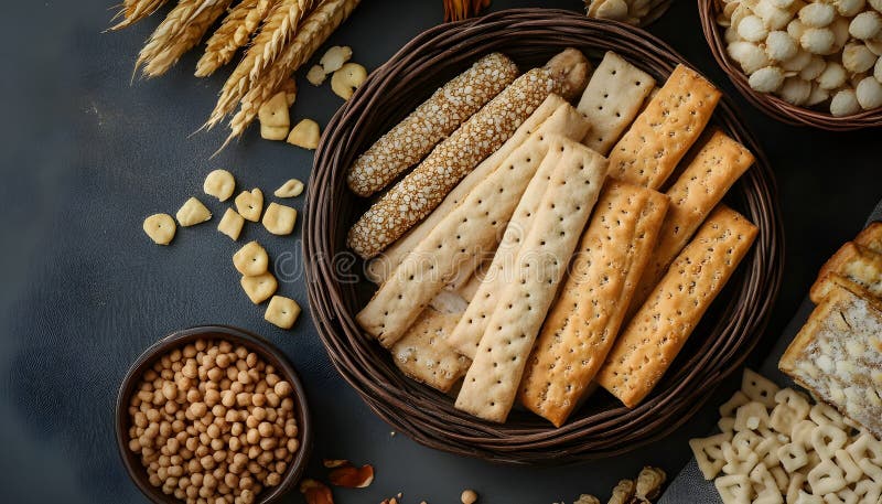 Hard Chuck Crackers in Wicker Basket on Grey Table, Top View Stock ...