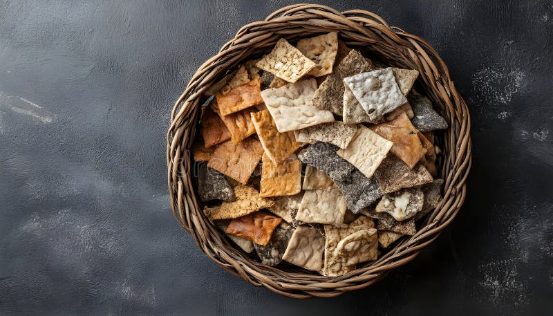 Hard Chuck Crackers in Wicker Basket on Grey Table, Top View Stock ...