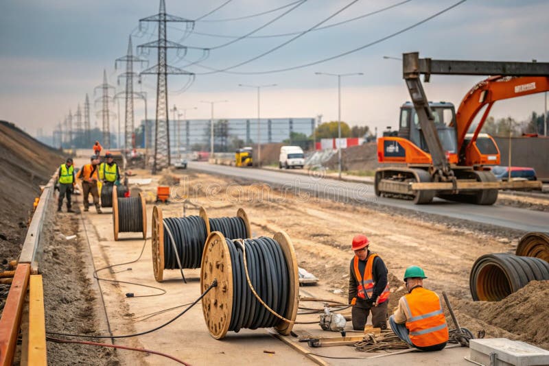 Hard Construction Site for Installing Fiber Optic Cables - Generated by ...