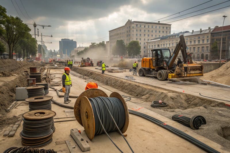 Hard Construction Site for Installing Fiber Optic Cables - Generated by ...