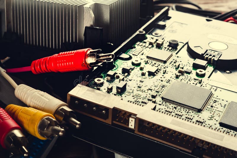 Hard Disk and Cables. Old Computer Hard Drive. Microchips and PC ...