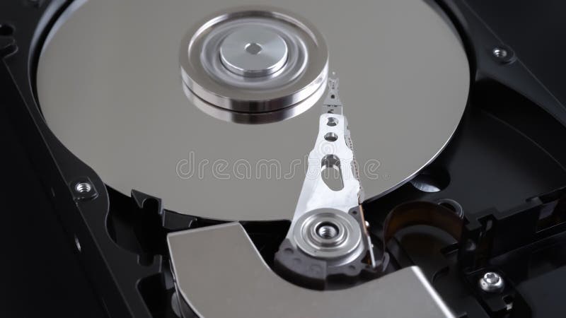 Hard Disk Drive Inside with Rotating Platter and Arm Stock Footage ...