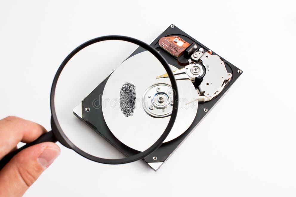 Hard Disk Drive with Magnifier and Fingerprint Stock Image - Image of ...