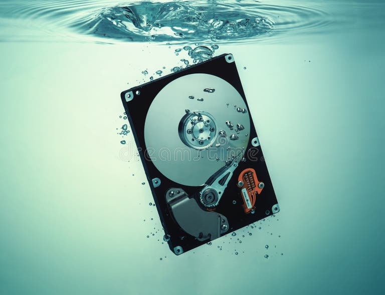 Hard Disk Drive Sinking Underwater with Bubbles Around. Concept of Data ...