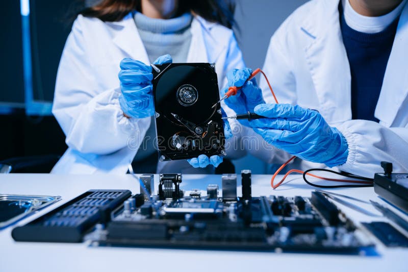 Hard Disk Drive on the Technician S Desk and a Computer Motherboard As ...