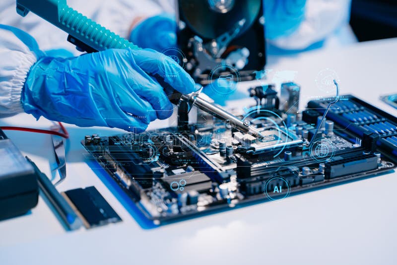 Hard Disk Drive on the Technician S Desk and a Computer Motherboard As ...