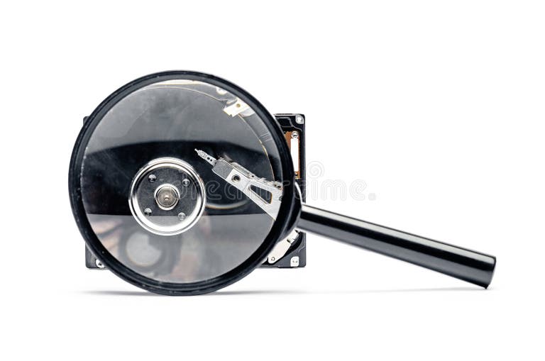 Hard Disk Drive Under Magnifying Glass on White Backdrop Stock Photo ...
