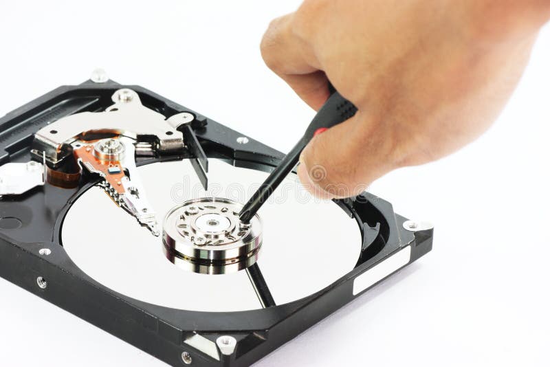 Hard Disk with Hand and Hammer on White Backgound Stock Image - Image ...