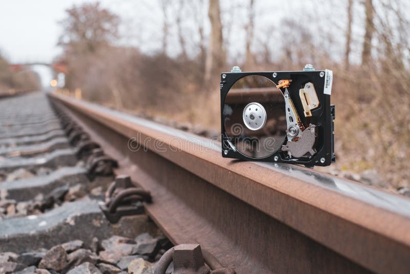 Hard Disk Stands on the Rails of the Railroad Stock Photo - Image of ...