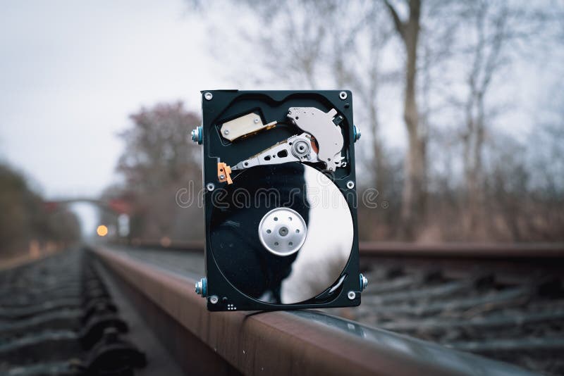 Hard Disk Stands on the Rails of the Railroad Stock Image - Image of ...