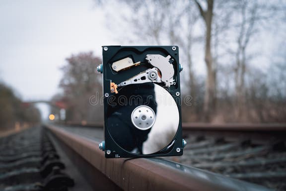 Hard Disk Stands on the Rails of the Railroad Stock Image - Image of ...