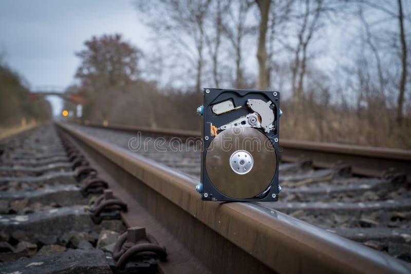 Hard Disk Stands on the Rails of the Railroad Stock Image - Image of ...
