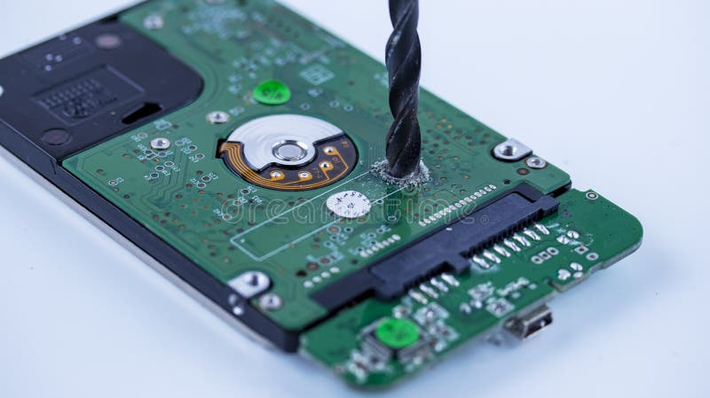 The Hard Drive from the Computer is Drilled with a Large Drill, Macro ...