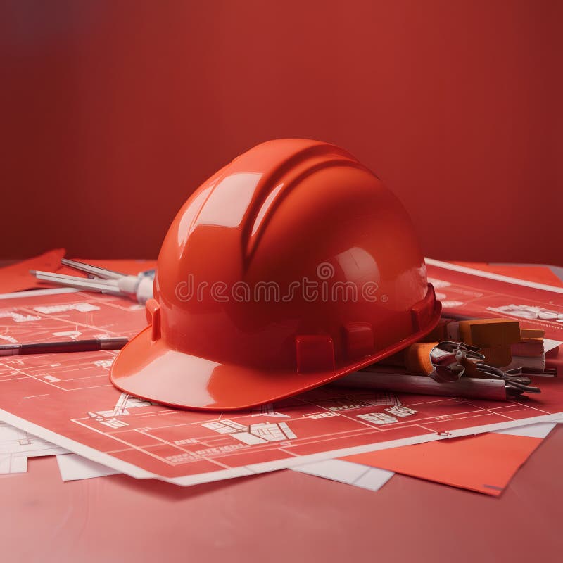 Hard Hat Atop Red Blueprints, Construction Planning Scene Stock Image ...