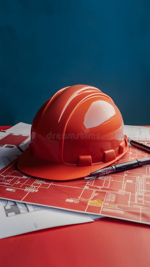 Hard Hat Atop Red Blueprints, Construction Planning Scene Stock Image ...