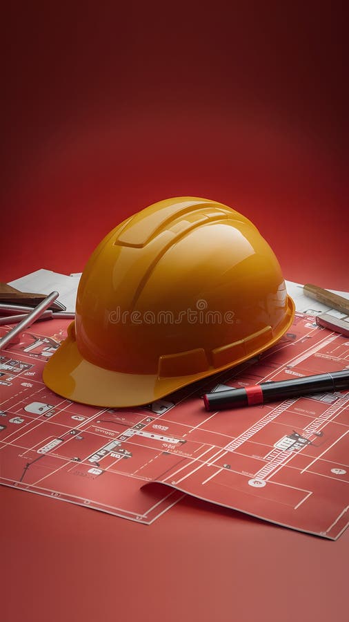 Hard Hat Atop Red Blueprints, Construction Planning Scene Stock Photo ...