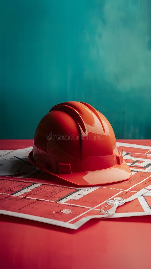 Hard Hat Atop Red Blueprints, Construction Planning Scene Stock Photo ...