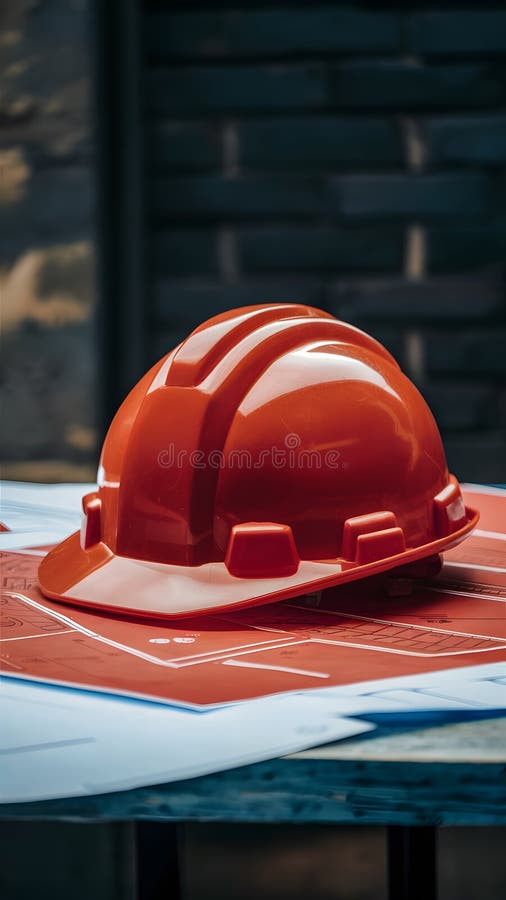 Hard Hat Atop Red Blueprints, Symbolizing Construction Planning on ...